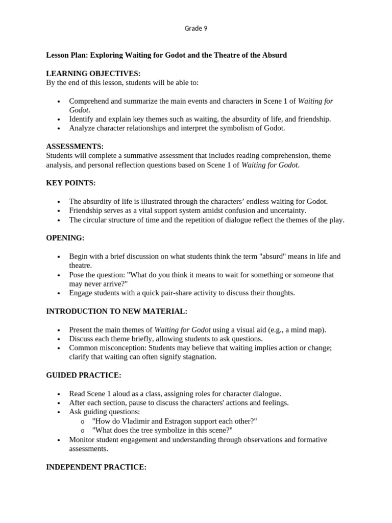 Grade 9 Lesson: Waiting for Godot Analysis | PDF | Cognition | Learning