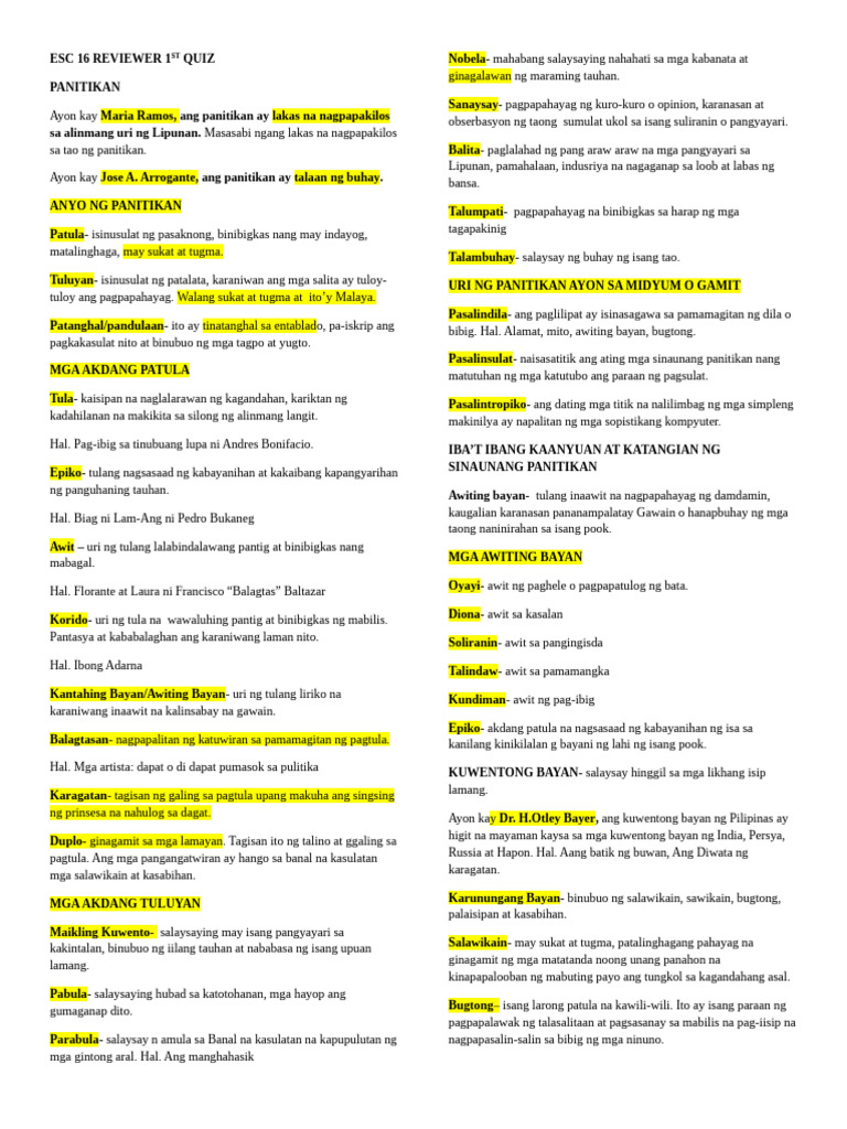 Esc 16 Reviewer 1st Quiz | PDF