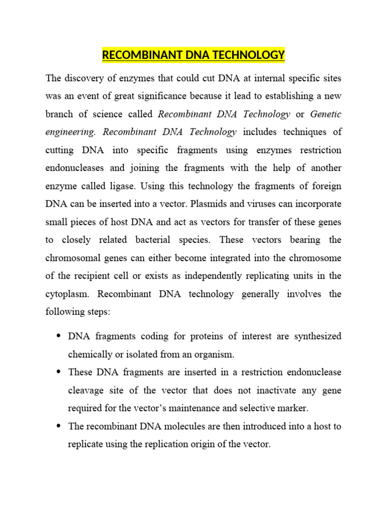Overview of Recombinant DNA Technology | PDF | Plasmid | Molecular Cloning