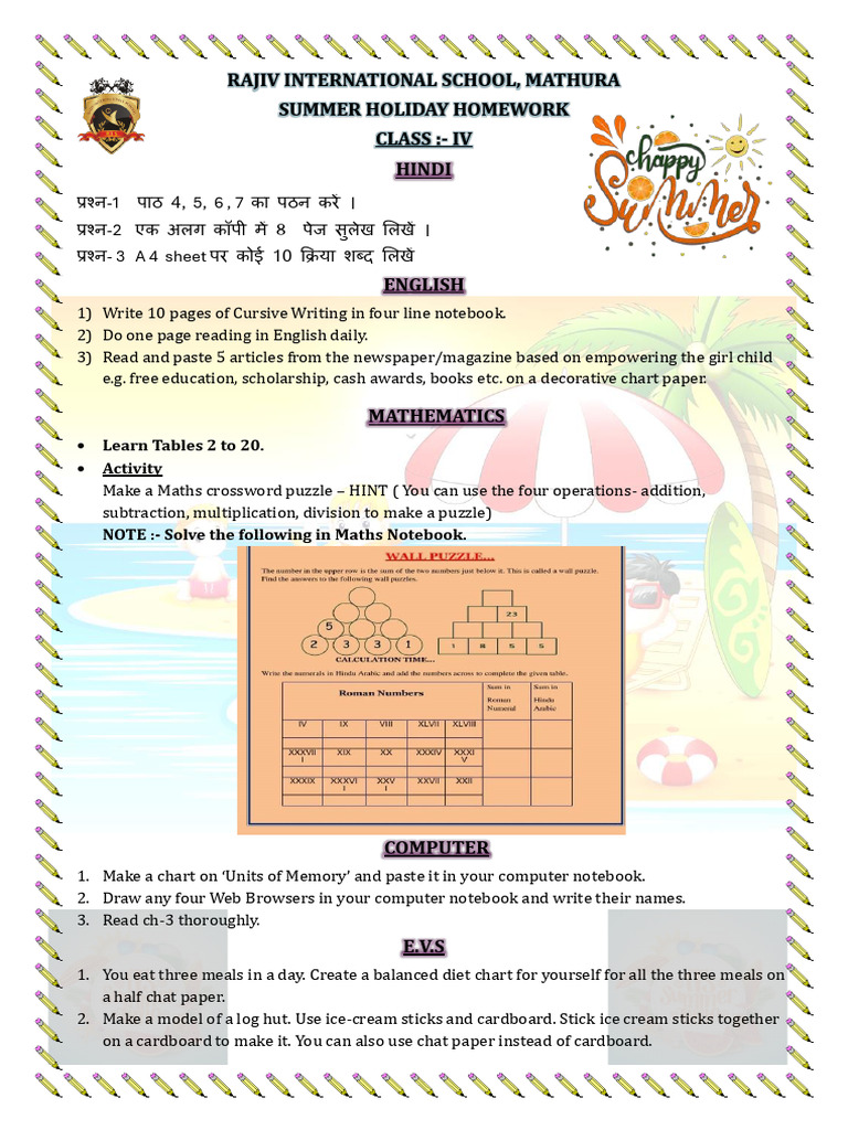 Class 4 Holiday Homework | PDF