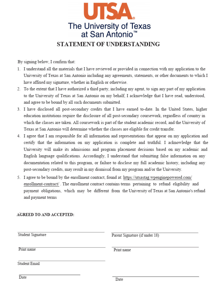 University of Texas at San Antonion Statement of Understanding | PDF