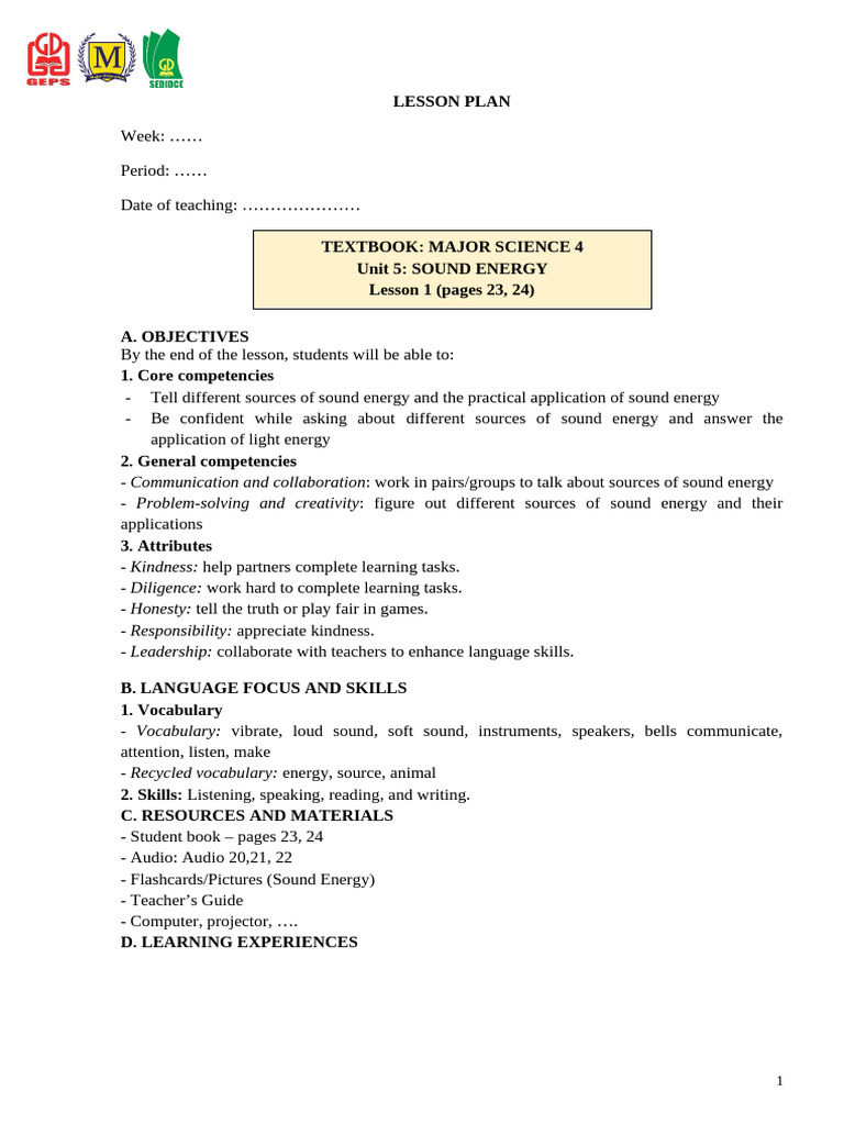 Sound Energy Lesson Plan for Students | PDF | Sound | Learning