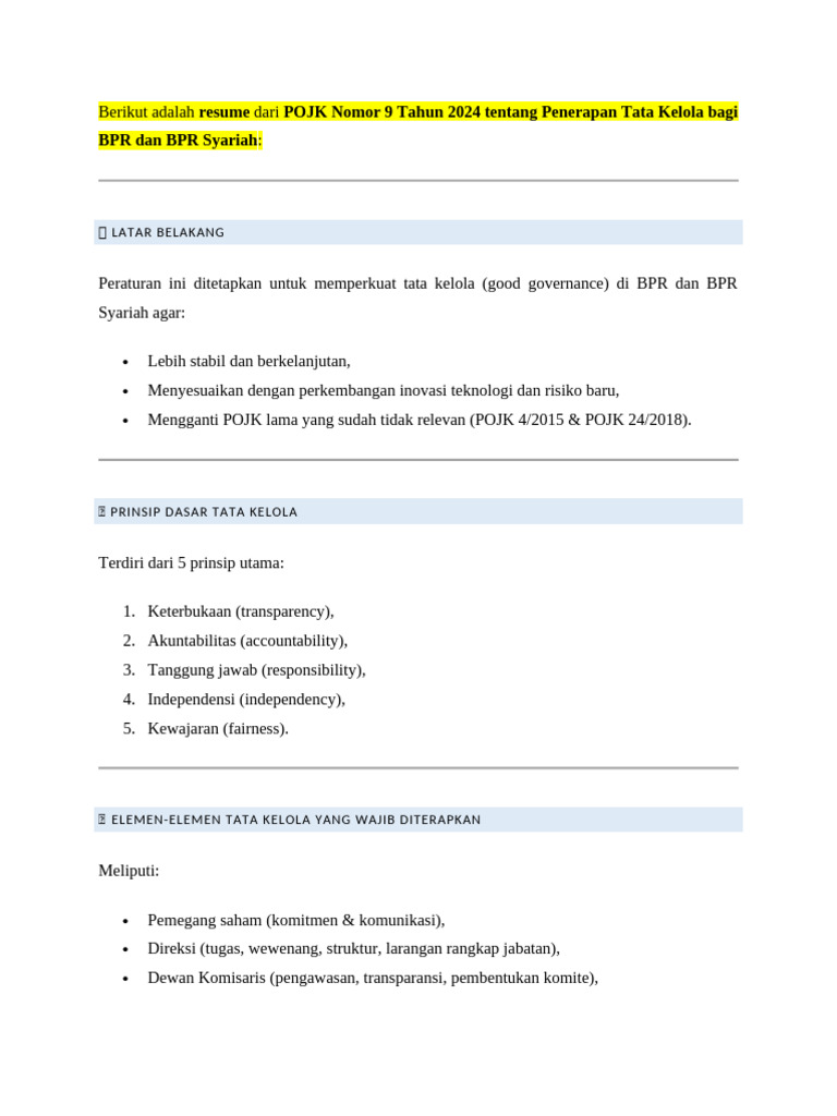 Berikut Adalah Resume Dari POJK Nomor 9 Tahun 2024 Tentang Penerapan Tata Kelola Bagi BPR | PDF