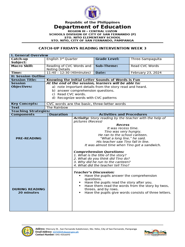 q3 Catch Up Fridays Week 3 Lesson Plan Grade 3 English | PDF | Reading ...