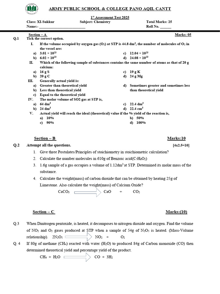 Chap#1 Stoichiometry First Assessment Test 2025 Chemistry XI - 1 | PDF ...
