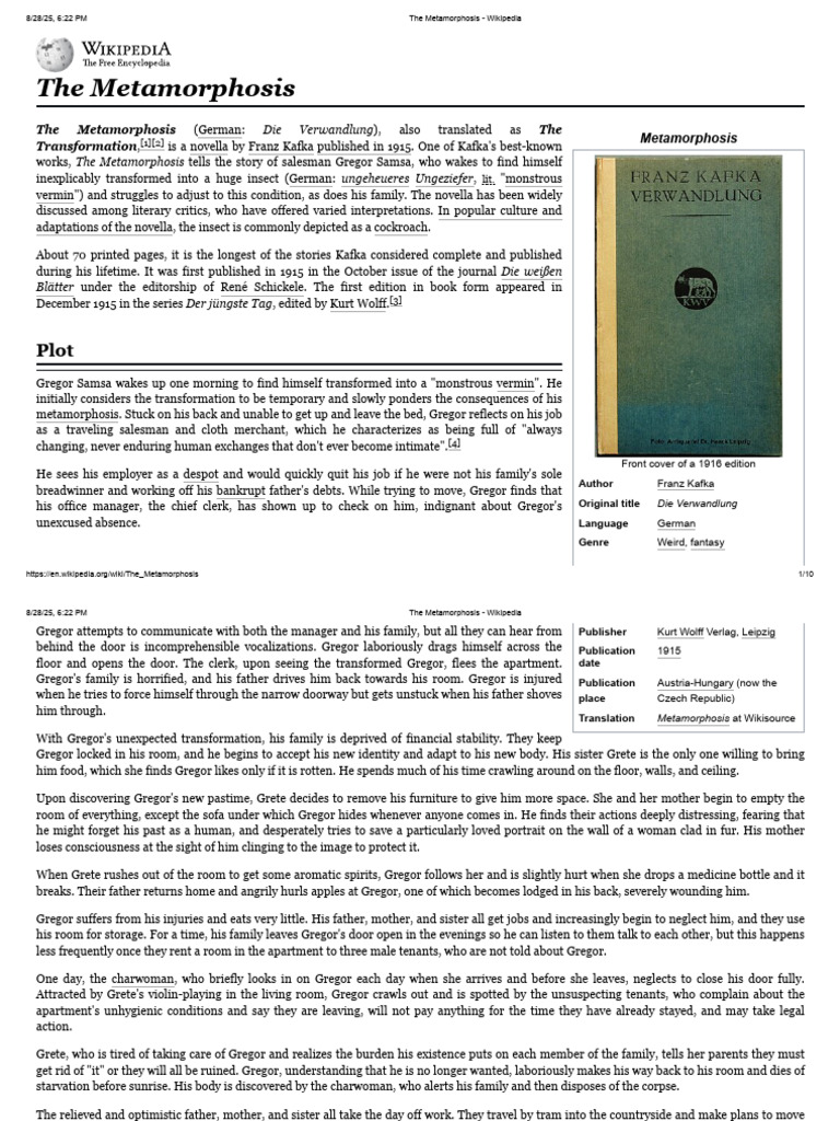 Metamorphosis by Franz Kafka Wikipedia | PDF | The Metamorphosis