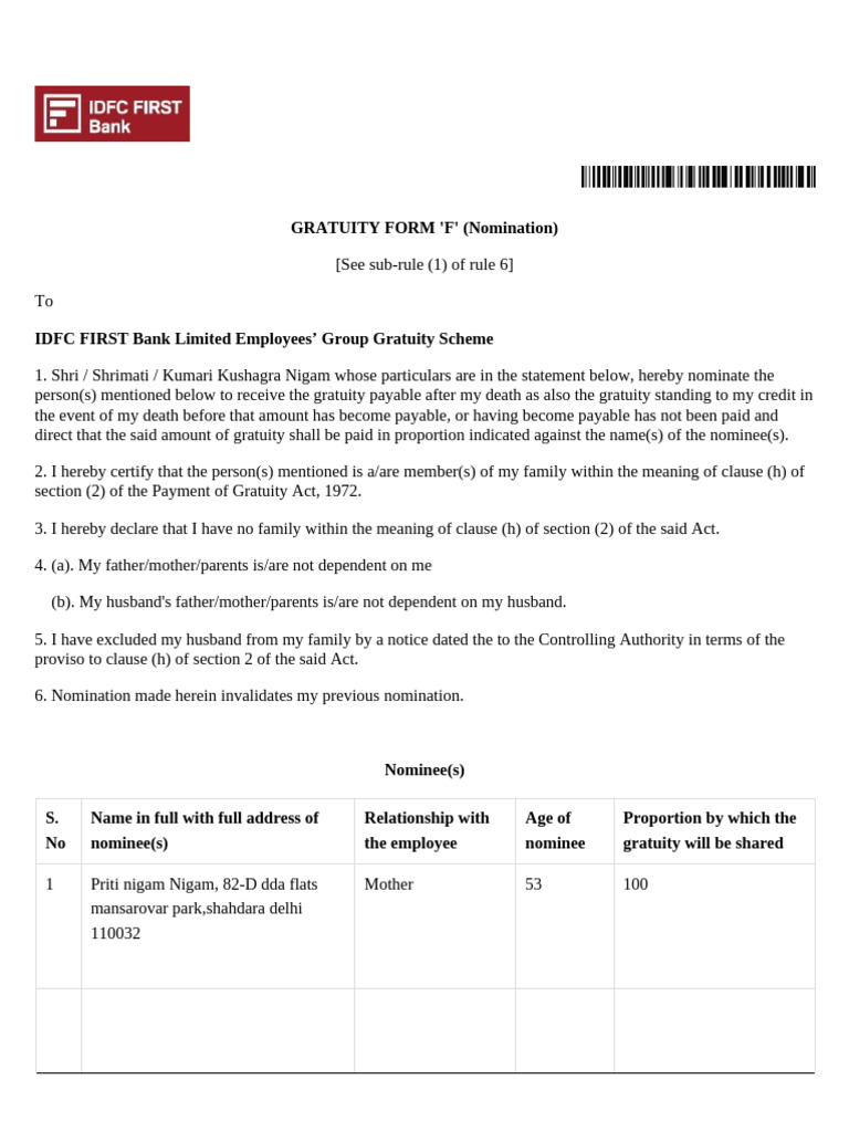 Gratuity Nomination Form 'F' Guide | PDF