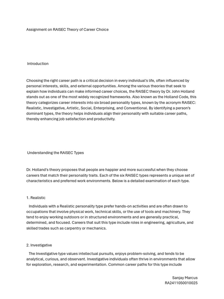 Assignment On RAISEC Theory of Career Choice | PDF | Psychological Concepts | Behavioural Sciences