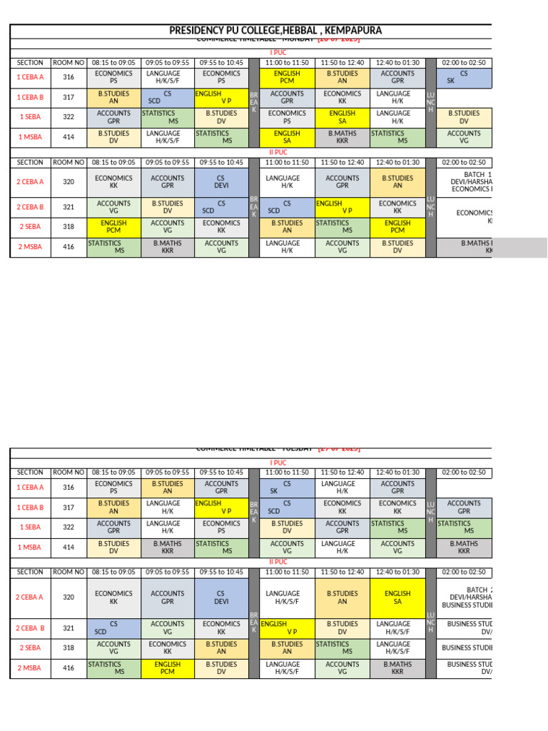 Presidency Pu College, Hebbal, Kempapura: Commerce Timetable - Monday | PDF