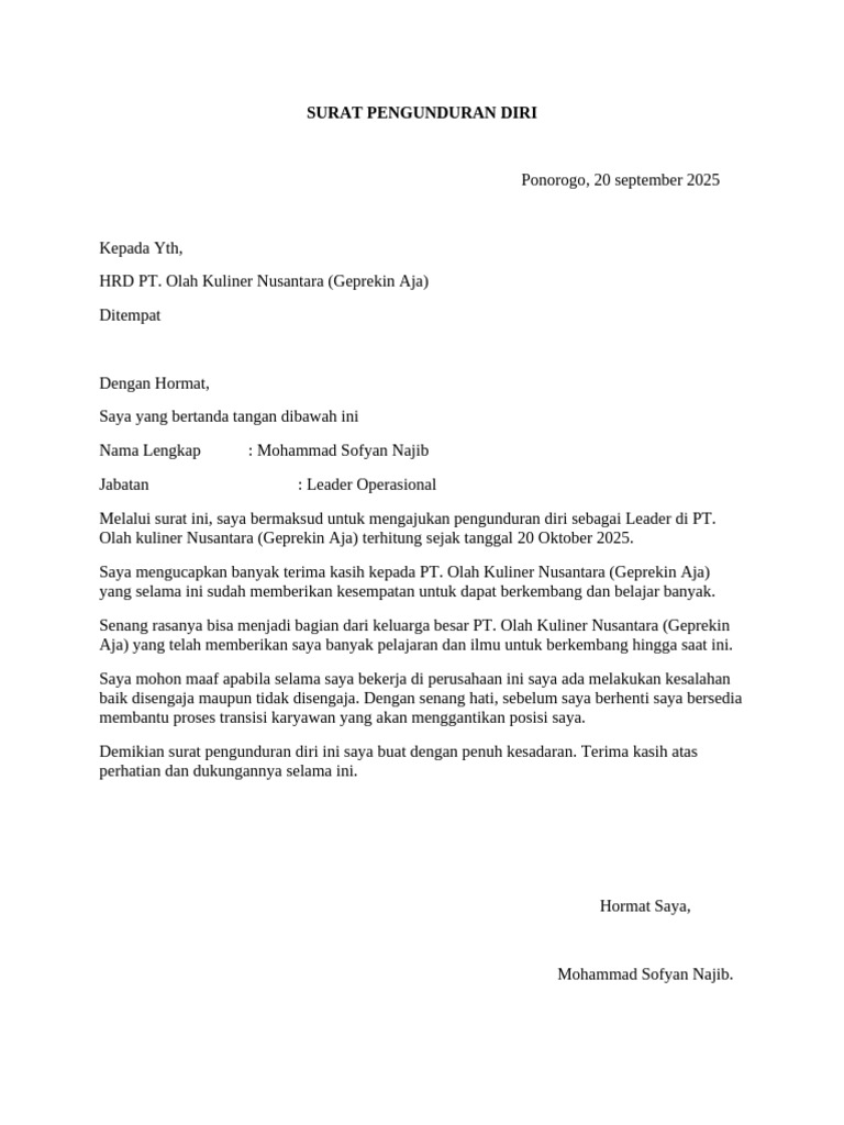 Pengunduran Diri Mohammad Sofyan Najib | PDF