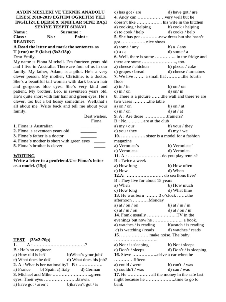 9th Grade English Level Assessment | PDF