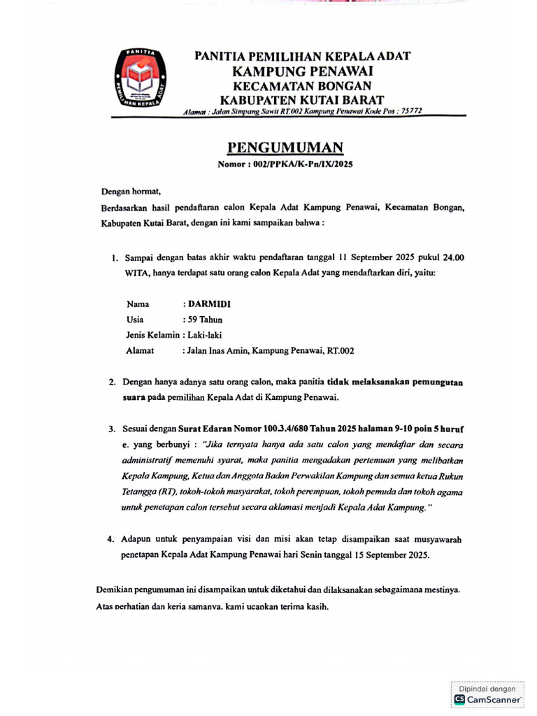 Pengumuman Penjaringan Kepala Adat Kampu | PDF