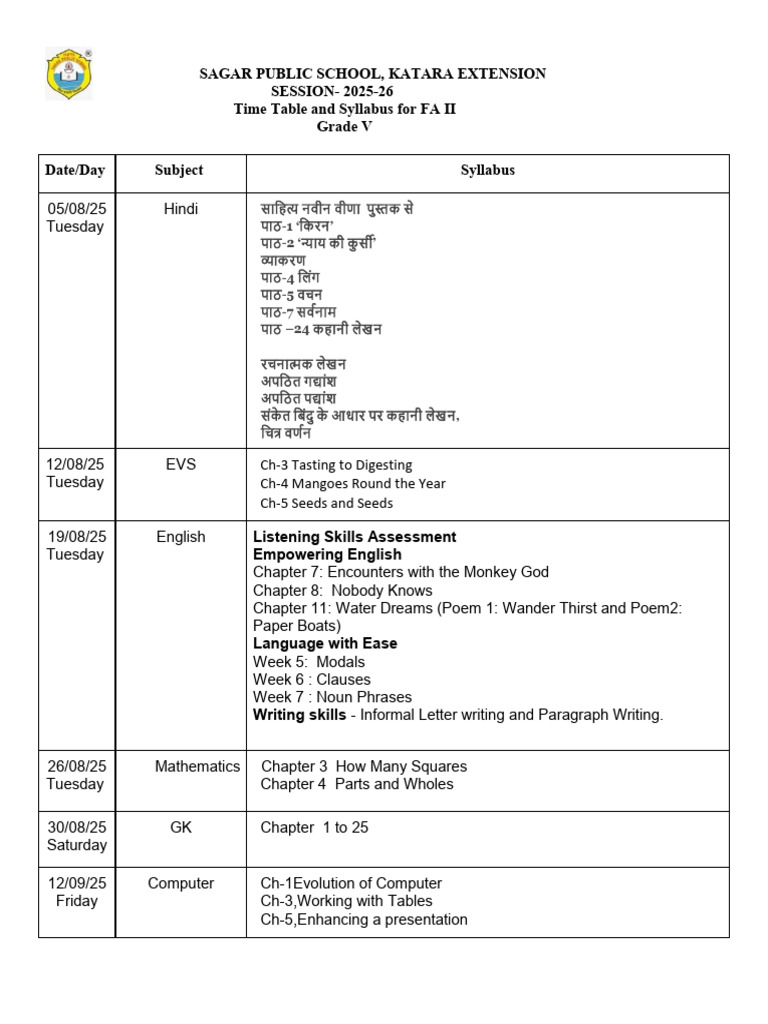 Grade V FA II Time Table & Syllabus | PDF