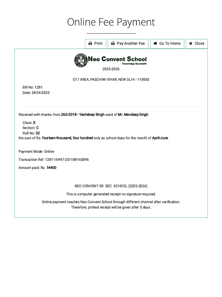 Online Fee Payment: Print Pay Another Fee Go To Home Close | PDF
