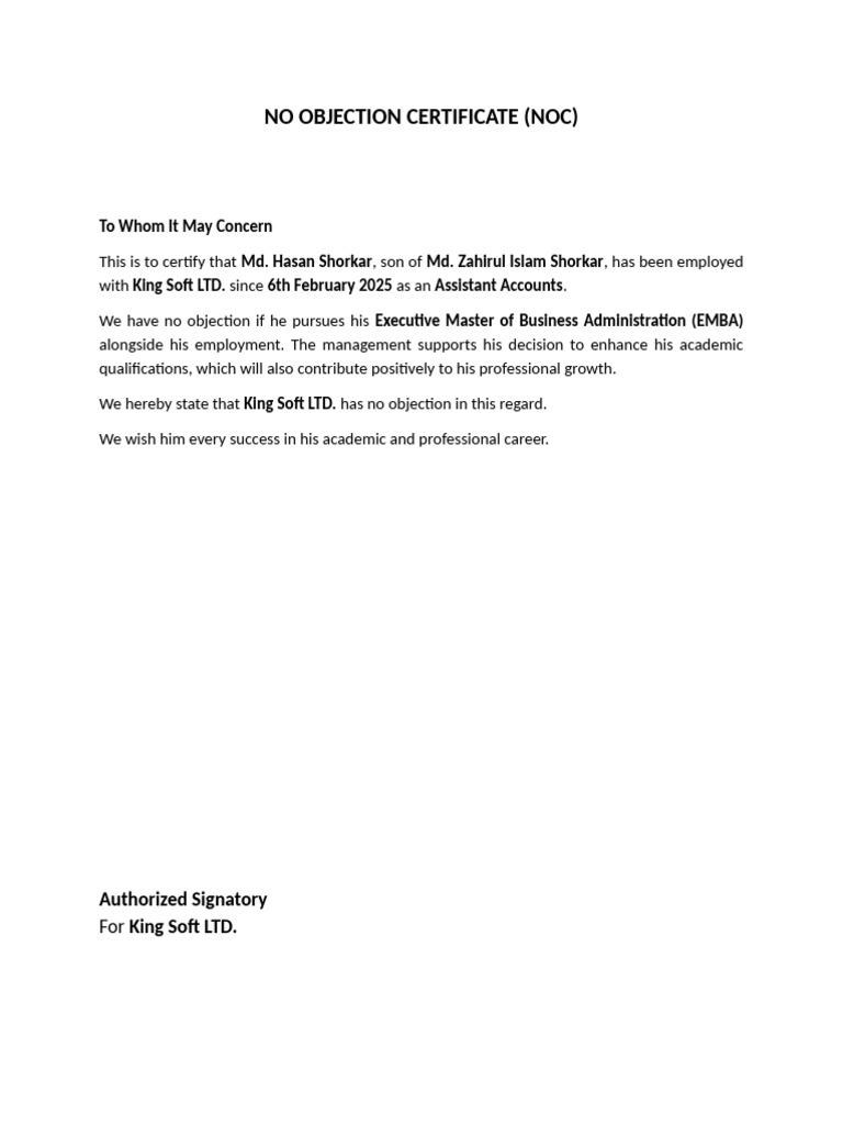 No Objection Certificate (Noc) | PDF