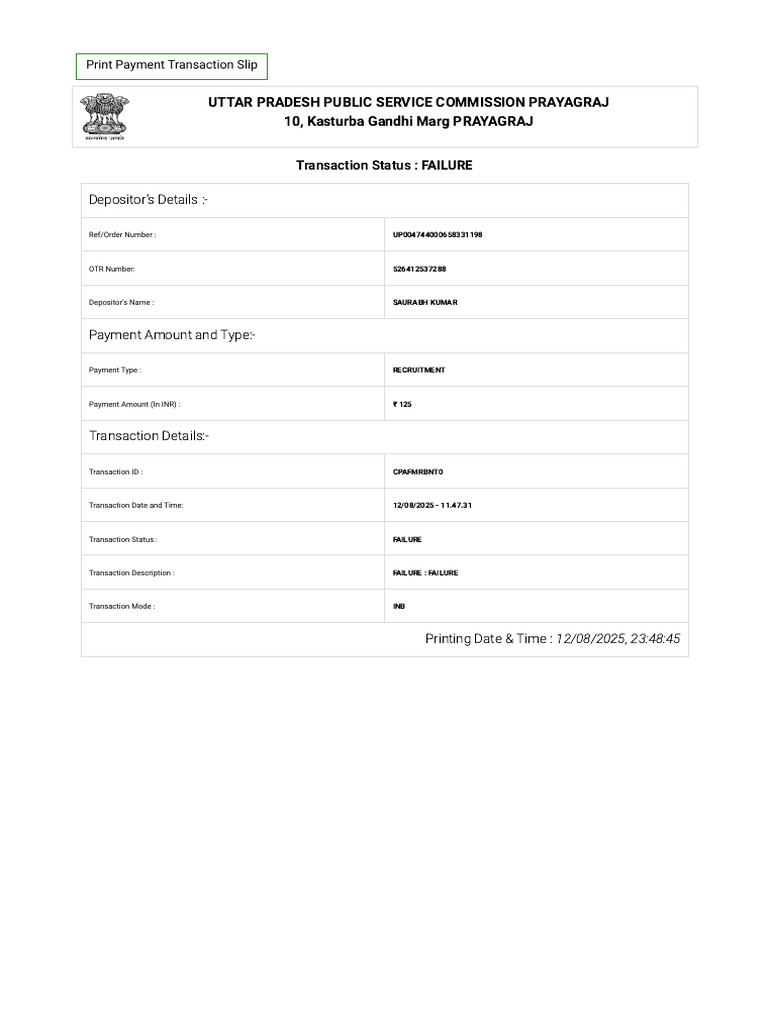 Payment Transaction Slip - Failure Notice | PDF