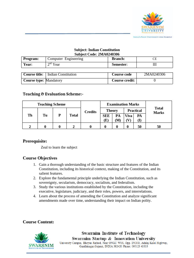 Indian Constitution Course Overview | PDF | Constitution | Government