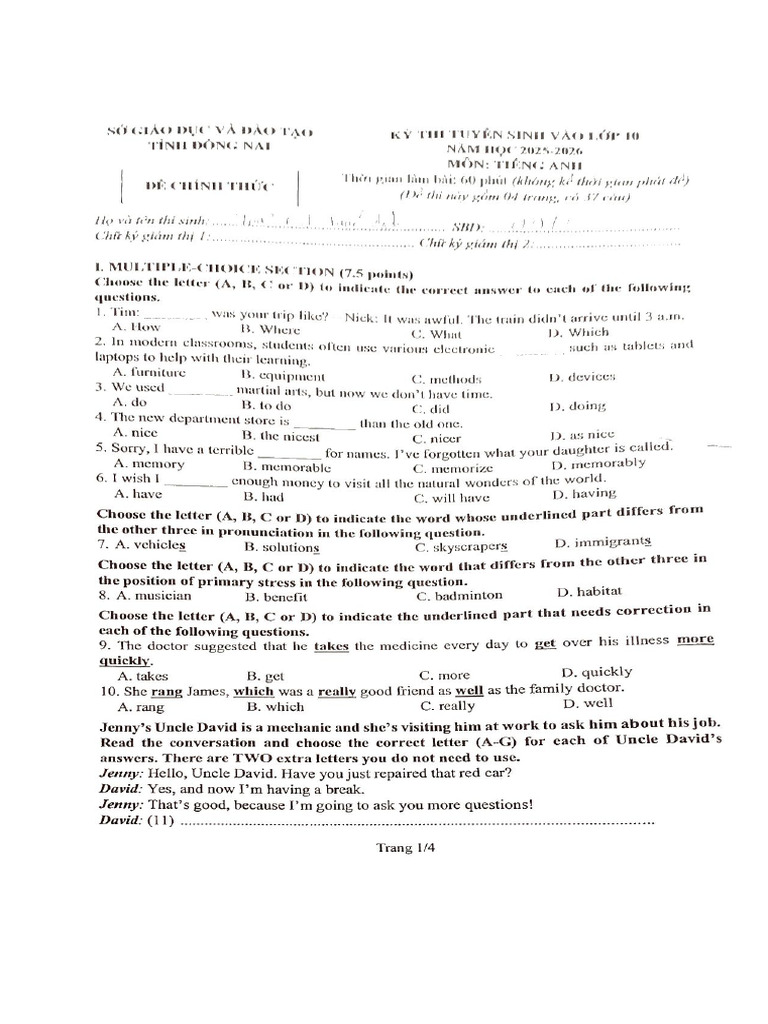 De Thi Tuyen Sinh Lop 10 Mon Tieng Anh Nam 2025 2026 So GDDT Dong Nai | PDF