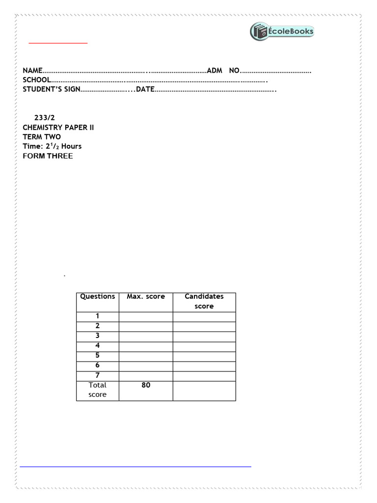 Form Three Chemistry Paper II Exam | PDF | Molecules | Chemical Elements