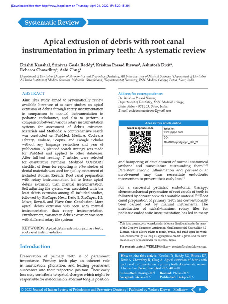 Kaushal 2022 ISPPD - Apical Extrusion of Debris With Root Canal ...