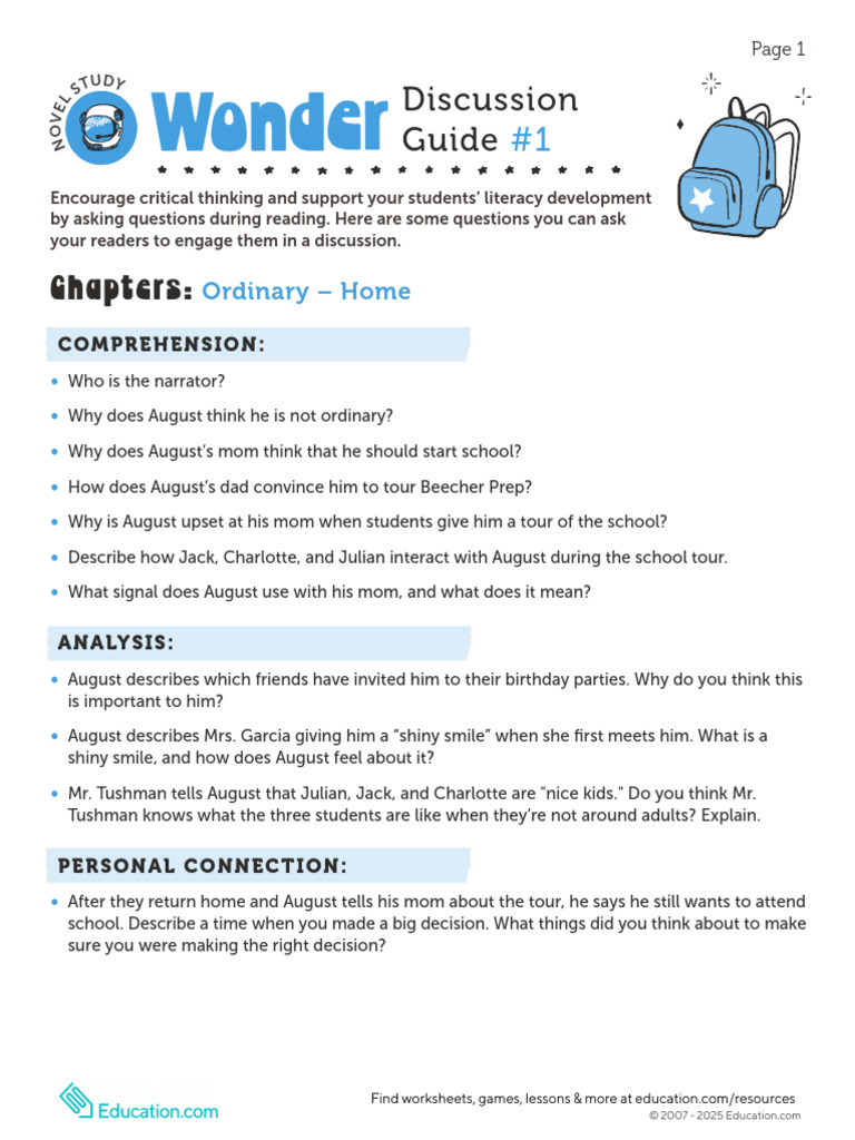 Wonder Novel Study Discussion Guide | PDF