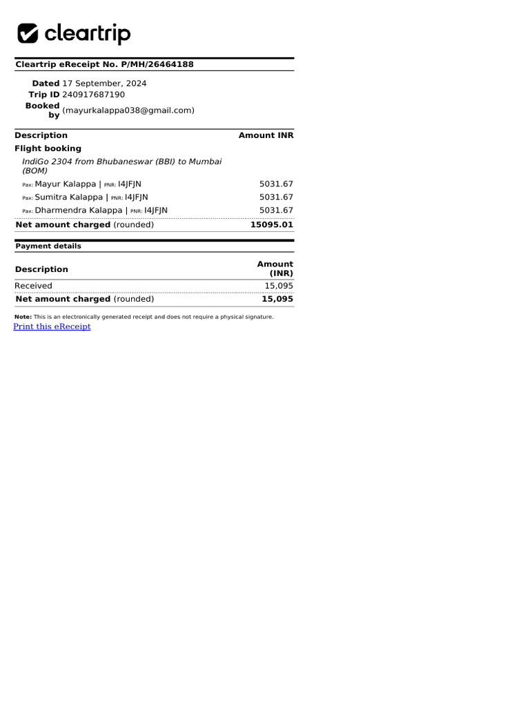Cleartrip Receipt | PDF