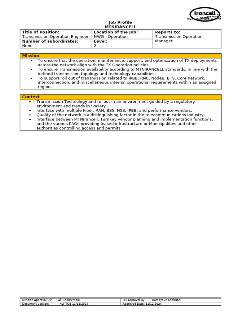 Transmission Operation Engineer | PDF | Computer Network | Telecommunications