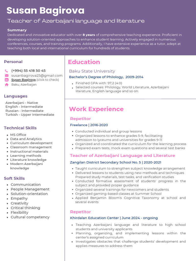 CV Susan Bagirova | PDF | Teachers | Curriculum