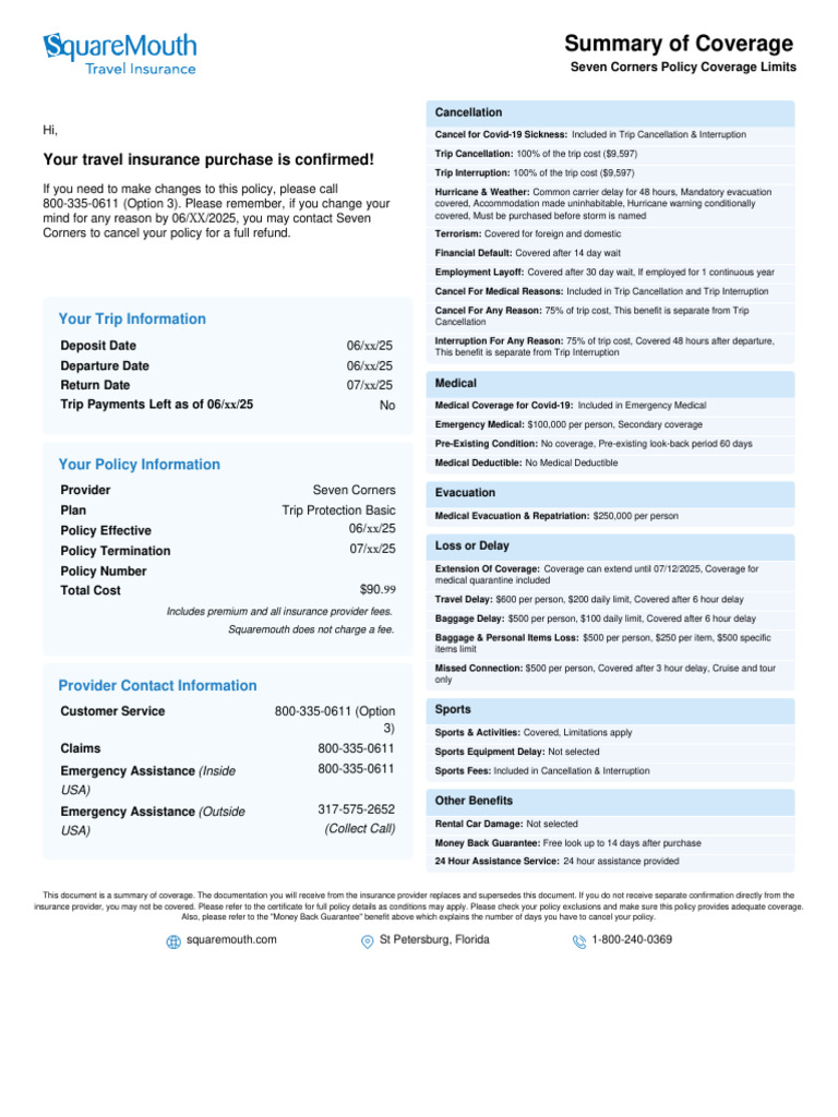 Travel Insurance Confirmation & Coverage Summary | PDF | Insurance ...