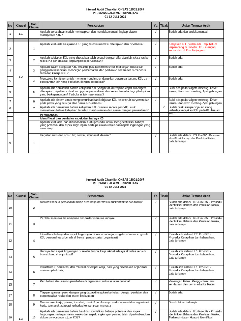 (Edited) Internal Audit Checklist OHSAS 18001 | PDF