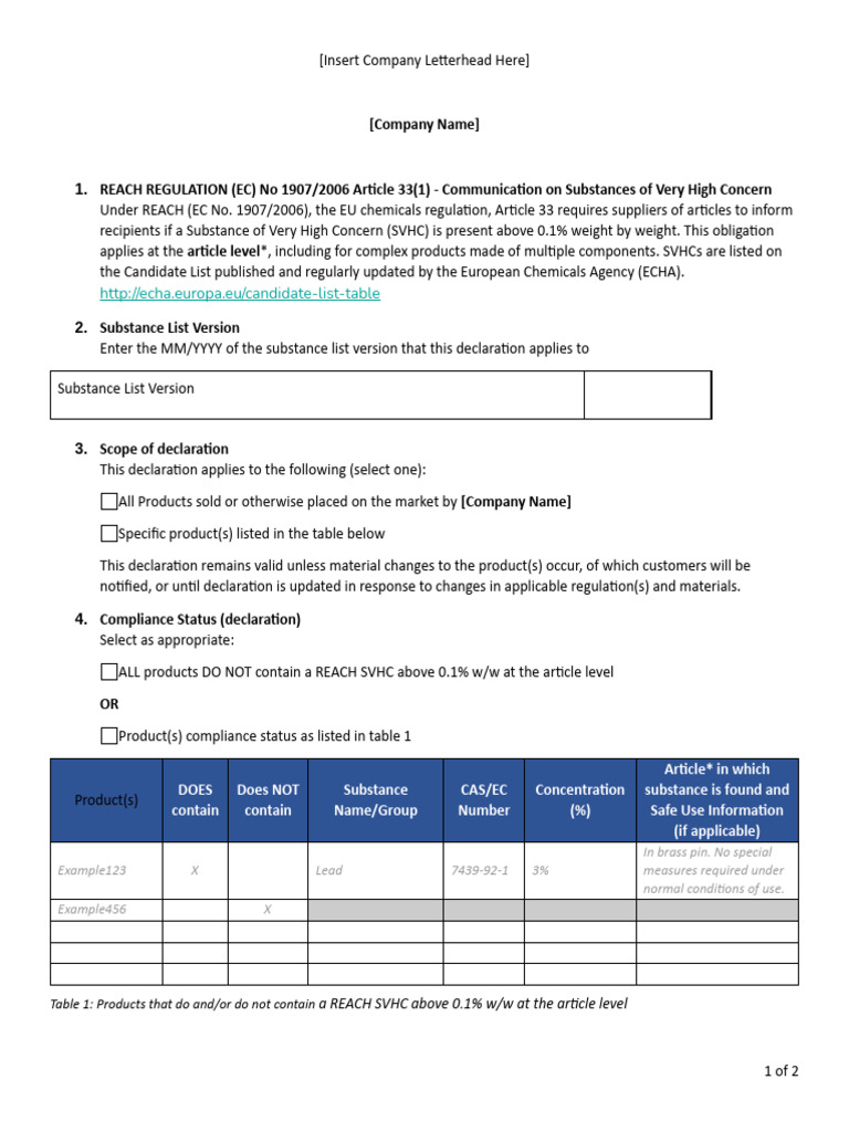 EU REACH SVHC Declaration Template 2025 English | PDF | Chemical Substances