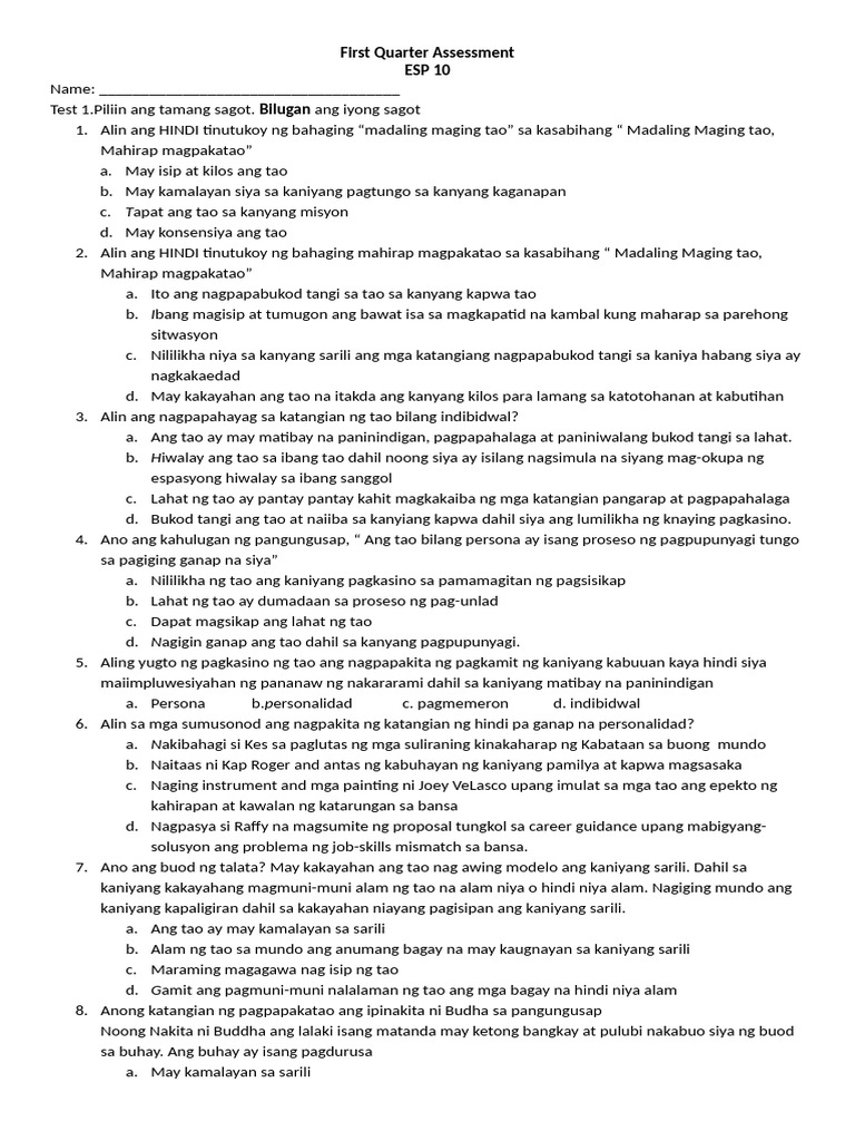 First Quarter Assessment | PDF