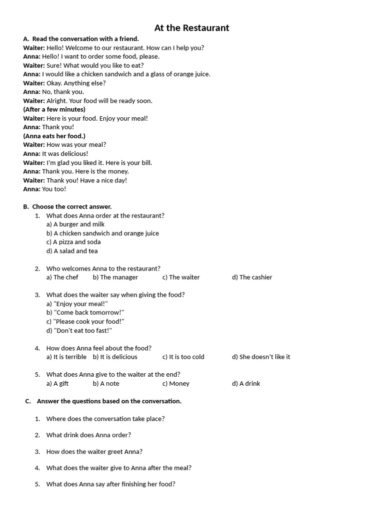 Restaurant Conversation and Quiz Guide | PDF | Restaurants