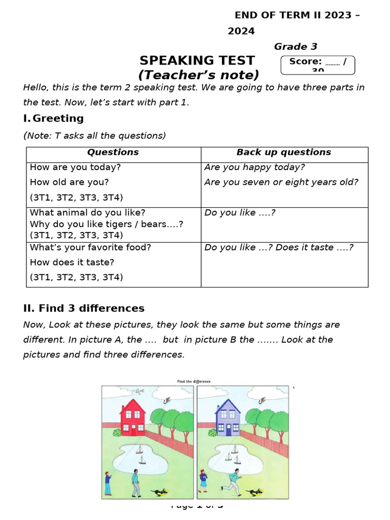 Grade 3 Term II Speaking Test Guide | PDF | Plural | Grammatical Number