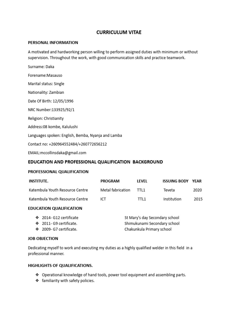 Masauso Daka's Professional CV | PDF | Welding | Construction