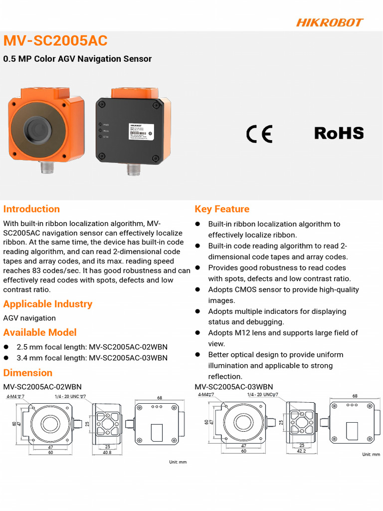 AGV Navigation Sensor MV-SC2005AC | PDF | Imaging | Optics