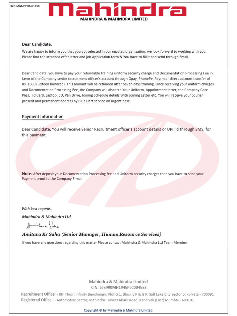 Mahindra Job Offer and Uniform Fee Details | PDF