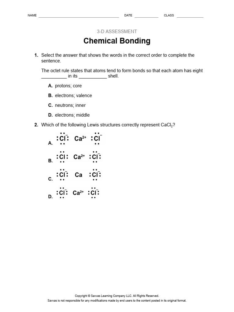 Editable 3-D Assessment PDF - Chemical Bonding | PDF | Chemical Bond ...