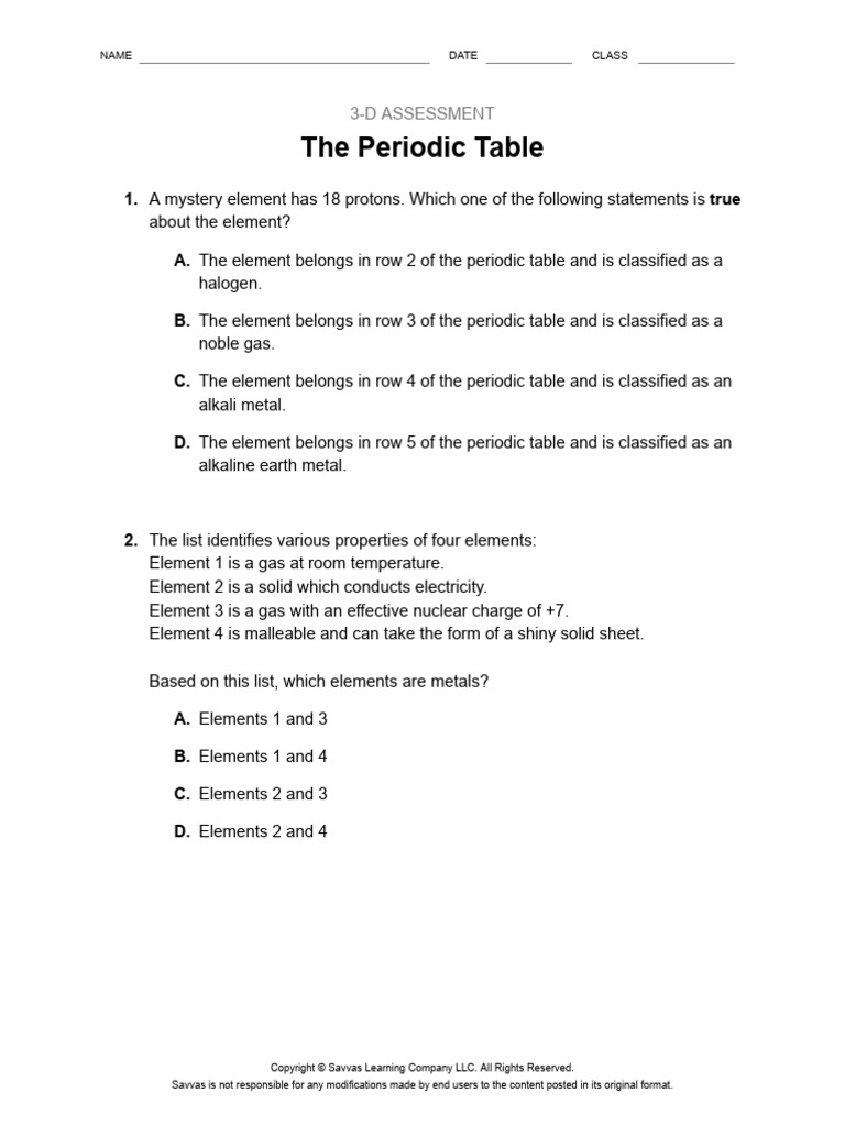Editable 3-D Assessment PDF - The Periodic Table | PDF | Periodic Table ...