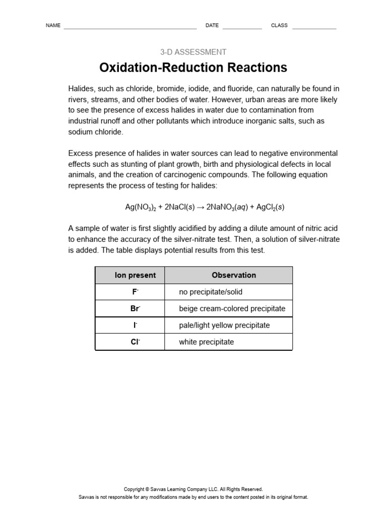 Editable 3-D Assessment PDF - Oxidation-Reduction Reactions | PDF ...