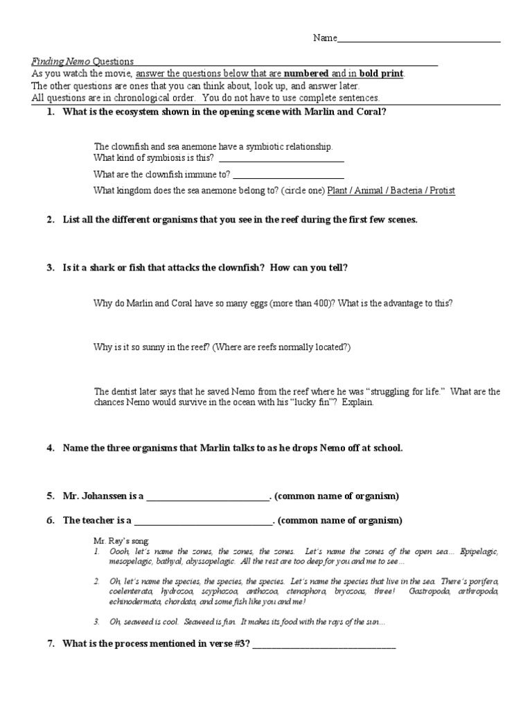 Finding Nemo Questions: Mr. Ray's Song | PDF | Coral Reef | Nature