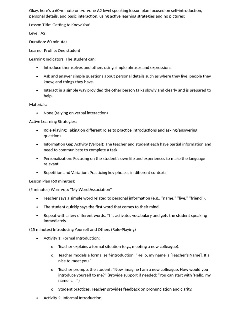 A2 Speaking Lesson: Self-Introduction Skills | PDF | Learning | Linguistics
