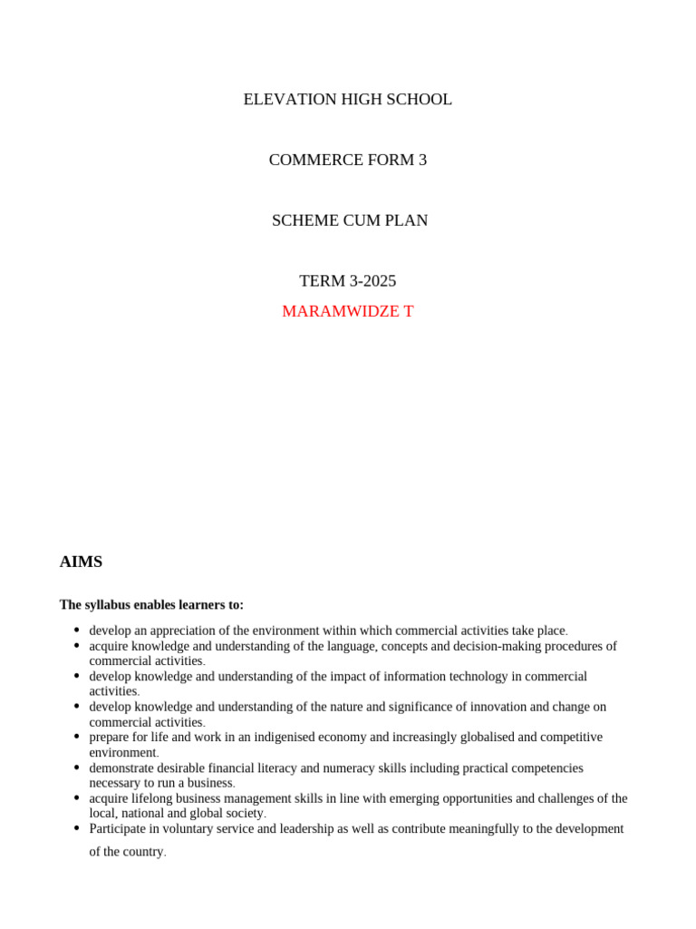 Commerce Form 3 Scheme | PDF | Educational Technology | Learning