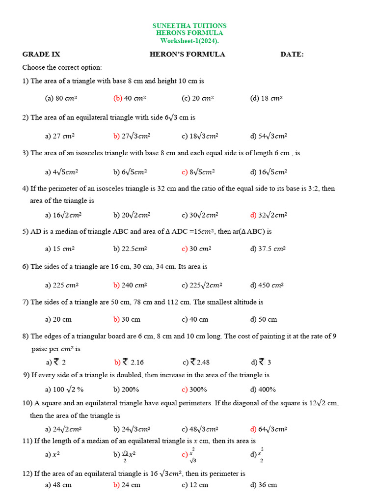 Heron's Formula Worksheet for Grade IX | PDF | Area | Triangle