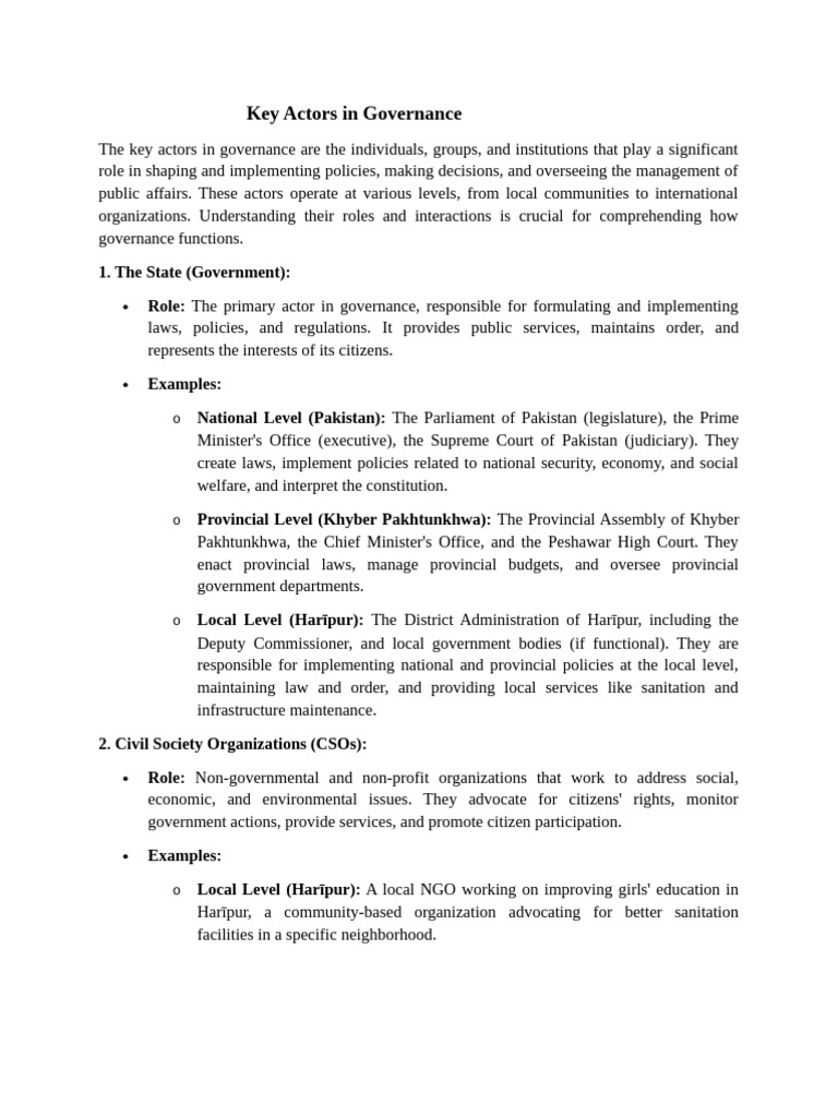 Key Actors in Governance Explained | PDF | Governance | Pakistan