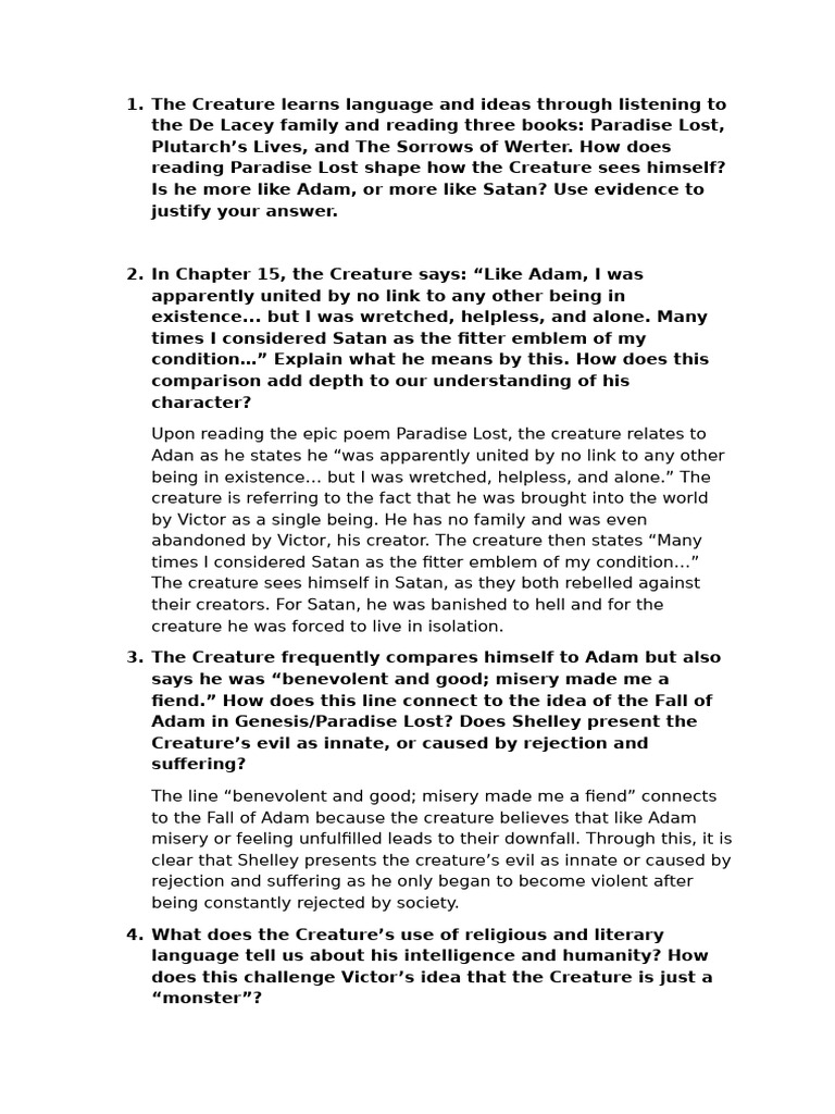 Frankenstein Chapters 11-16 Questions | PDF | Paradise Lost | Religious ...