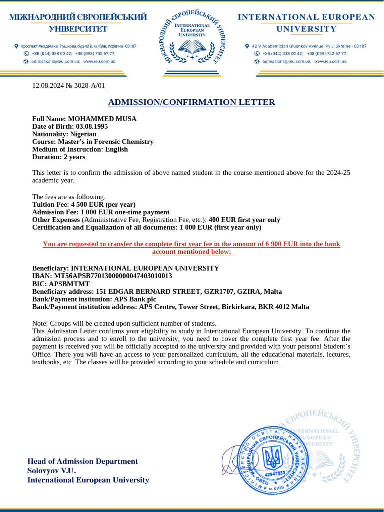 Admission Confirmation for Forensic Chemistry | PDF
