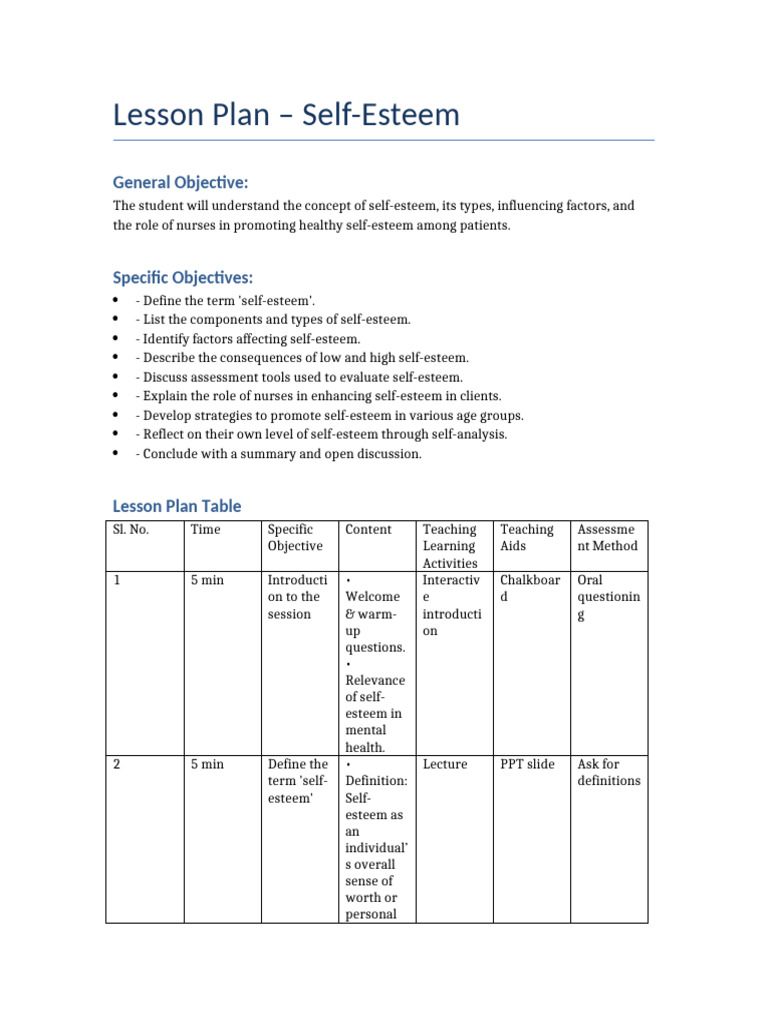 Lesson Plan Self Esteem | PDF | Self Esteem | Cognition