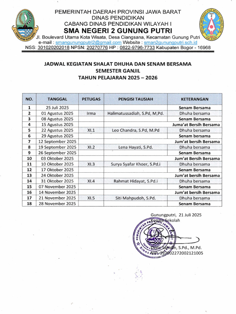 Jadwal Kegiatan Dhuha Dan Senam Bersama TP 2025 2026 | PDF