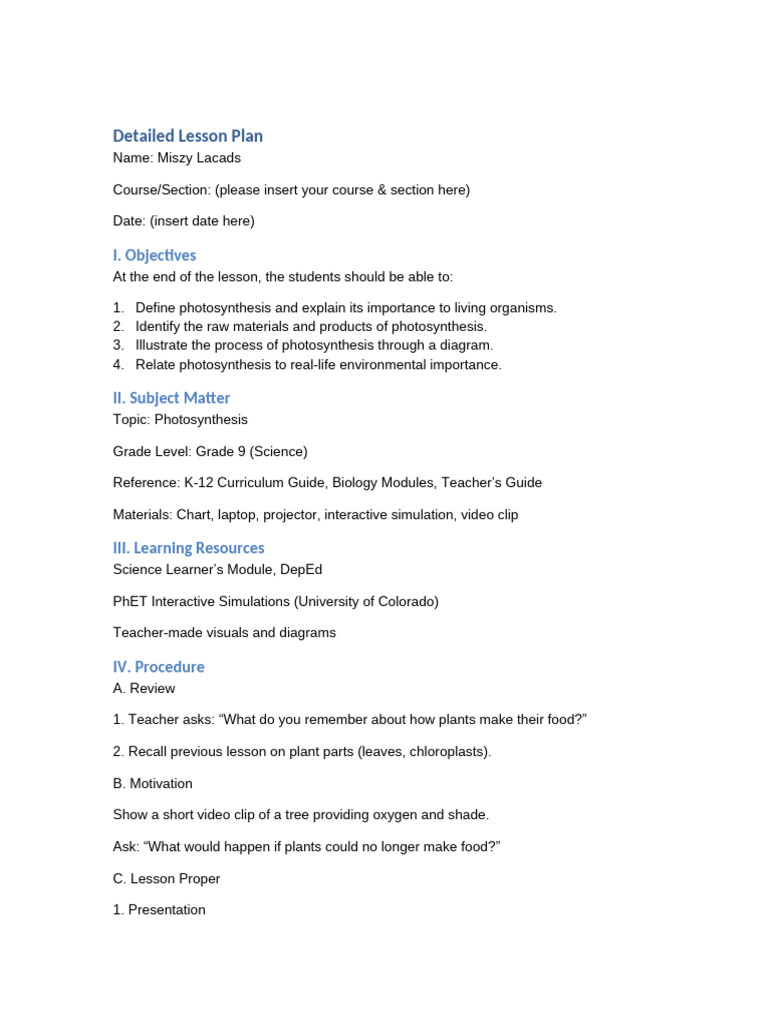 Grade 9 Photosynthesis Lesson Plan | PDF | Photosynthesis | Lesson Plan